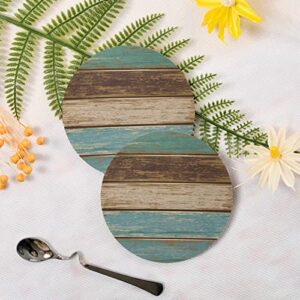 Teal Green Brown Retro Rustic Wood Texture Drinks Coasters, Non-Scratch Cork Base Round Cups Mats for Home Kitchen Bar Decor