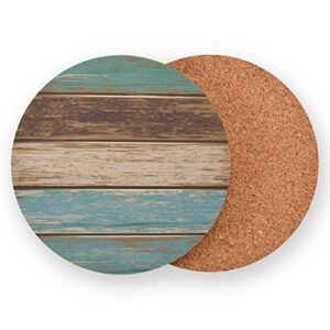 Teal Green Brown Retro Rustic Wood Texture Drinks Coasters, Non-Scratch Cork Base Round Cups Mats for Home Kitchen Bar Decor