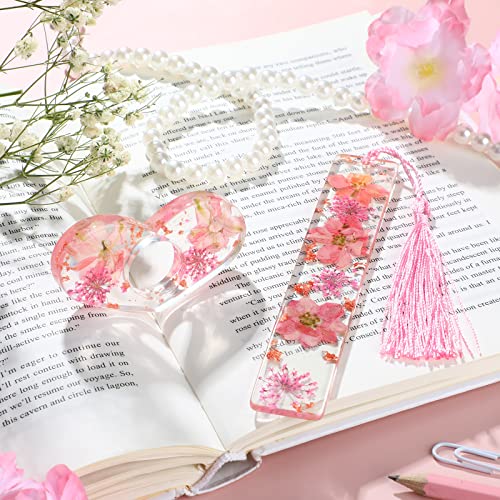 Dried Flower Resin Bookmarks and Book Page Holder Transparent Floral Page Marker with Tassels Handmade Thumb Ring Page Holder Personalized Reading Accessories Gift for Women Girls Adults Kids