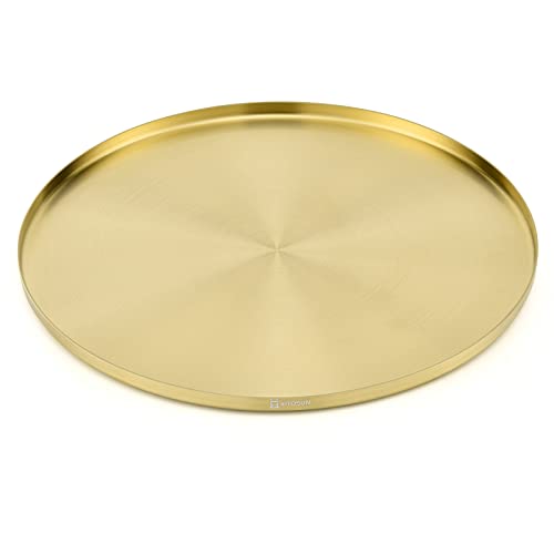 Gold Tray Round Serving Platter - Metal Decorative Plate for Bar Club Lounge Coffee Table Centerpieces Perfume Vanity Jewelry Display Cosmetic Storage Counter Bathroom Organizer (12" W x 3/4" H)