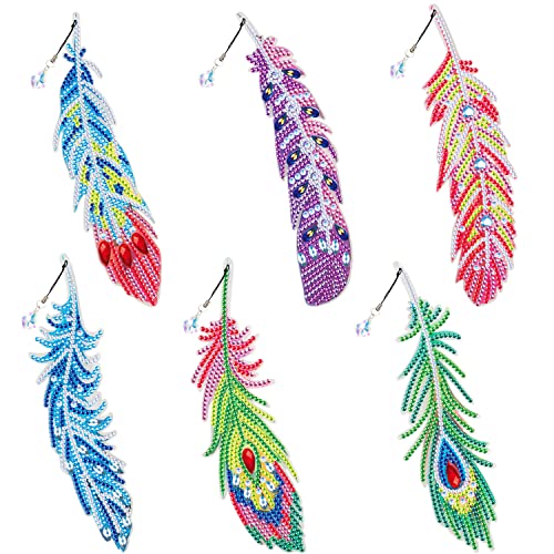 6 Pcs Christmas Diamond Painting Bookmarks DIY Feather Bookmark Crystal Pendant Bookmark for Home Office School Class Project,5D Diamond Painting Beginner Arts Crafts Gifts for Halloween Christmas