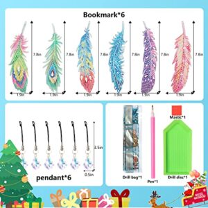 6 Pcs Christmas Diamond Painting Bookmarks DIY Feather Bookmark Crystal Pendant Bookmark for Home Office School Class Project,5D Diamond Painting Beginner Arts Crafts Gifts for Halloween Christmas