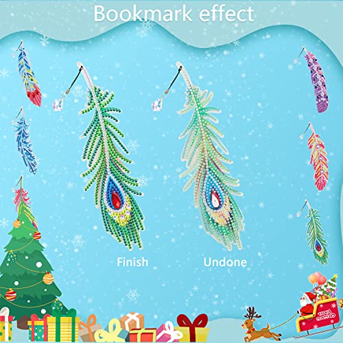 6 Pcs Christmas Diamond Painting Bookmarks DIY Feather Bookmark Crystal Pendant Bookmark for Home Office School Class Project,5D Diamond Painting Beginner Arts Crafts Gifts for Halloween Christmas