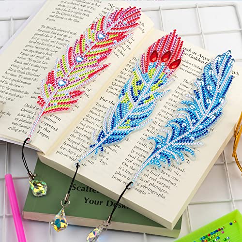 6 Pcs Christmas Diamond Painting Bookmarks DIY Feather Bookmark Crystal Pendant Bookmark for Home Office School Class Project,5D Diamond Painting Beginner Arts Crafts Gifts for Halloween Christmas