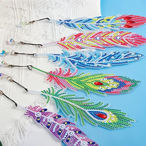 6 Pcs Christmas Diamond Painting Bookmarks DIY Feather Bookmark Crystal Pendant Bookmark for Home Office School Class Project,5D Diamond Painting Beginner Arts Crafts Gifts for Halloween Christmas