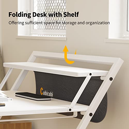 CubiCubi Small Folding Computer Desk 30 Inch with Shelf and Storage Bag, No Assembly Required, Home Office Writing Desk, Small Study Table, White