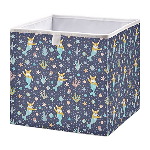 ALAZA Collapsible Storage Cubes Organizer,Funny Under Sea Corgi Mermaid Storage Containers Closet Shelf Organizer with Handles for Home Office