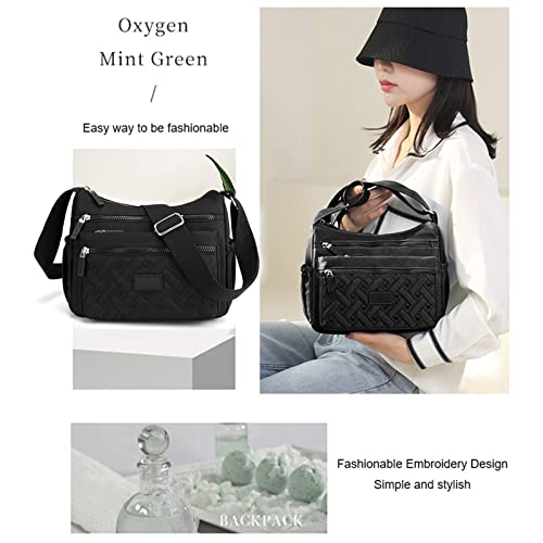 Rkrouco Women Crossbody Bag Multi-Pocket Nylon Waterproof Lightweight Casual Shoulder Handbag Purse Bookbag-Black.