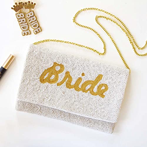 BRIDE Clutch for Wedding Day, Beaded Bride Purse for Bachelorette Party, White Bride Bag With Gold Cursive Design, Bridal Shower & Engagement Gifts for Bride To Be