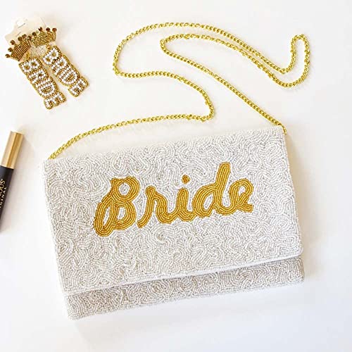 BRIDE Clutch for Wedding Day, Beaded Bride Purse for Bachelorette Party, White Bride Bag With Gold Cursive Design, Bridal Shower & Engagement Gifts for Bride To Be