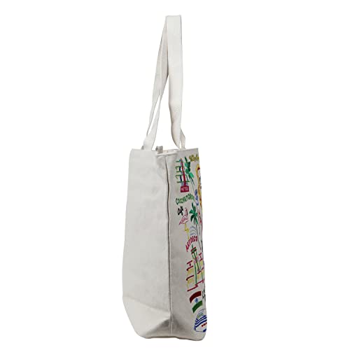 ANATHA COTTON CANVAS LARGE TOTE HANDBAG WITH EMBROIDERY MIAMI CITY ,ECO FRIENDLY SHOPPING BAG WITH ZIP CLOSURE