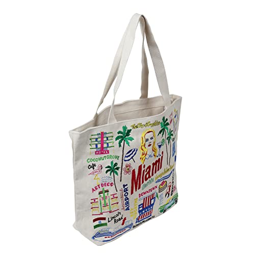 ANATHA COTTON CANVAS LARGE TOTE HANDBAG WITH EMBROIDERY MIAMI CITY ,ECO FRIENDLY SHOPPING BAG WITH ZIP CLOSURE