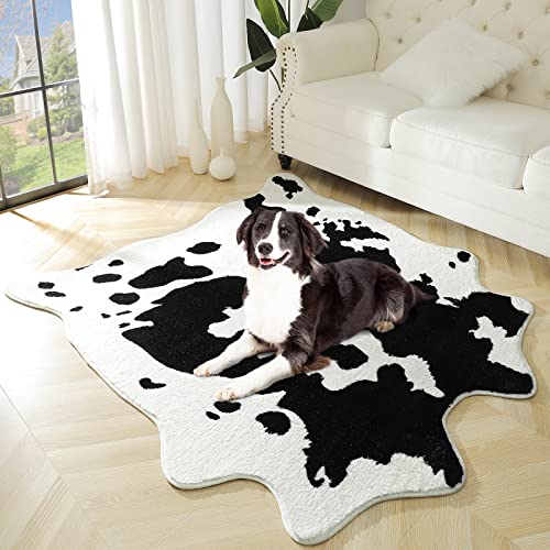 FALARK Fluffy Cow Print Rug Faux Cowhide Rugs for Living Room Bedroom, Cute Animal Print Carpet Western Home Decor Mat, Upgraded Luxury Area Rug Soft Cow Skin Rugs, Black and White, 4.6ft x 5.2ft