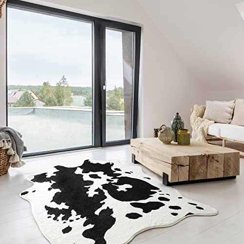 FALARK Fluffy Cow Print Rug Faux Cowhide Rugs for Living Room Bedroom, Cute Animal Print Carpet Western Home Decor Mat, Upgraded Luxury Area Rug Soft Cow Skin Rugs, Black and White, 4.6ft x 5.2ft