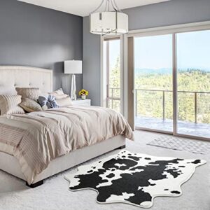 FALARK Fluffy Cow Print Rug Faux Cowhide Rugs for Living Room Bedroom, Cute Animal Print Carpet Western Home Decor Mat, Upgraded Luxury Area Rug Soft Cow Skin Rugs, Black and White, 4.6ft x 5.2ft