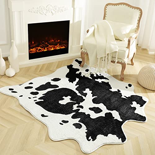 FALARK Fluffy Cow Print Rug Faux Cowhide Rugs for Living Room Bedroom, Cute Animal Print Carpet Western Home Decor Mat, Upgraded Luxury Area Rug Soft Cow Skin Rugs, Black and White, 4.6ft x 5.2ft