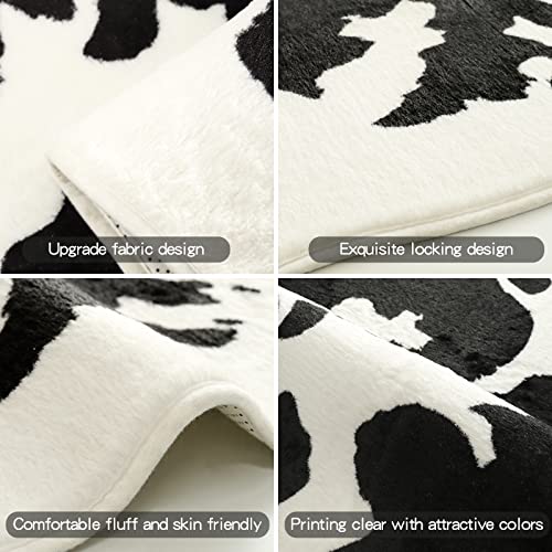 FALARK Fluffy Cow Print Rug Faux Cowhide Rugs for Living Room Bedroom, Cute Animal Print Carpet Western Home Decor Mat, Upgraded Luxury Area Rug Soft Cow Skin Rugs, Black and White, 4.6ft x 5.2ft