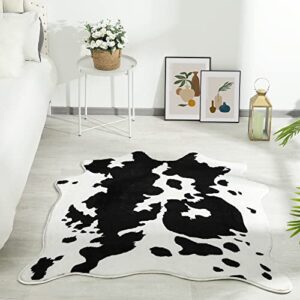 FALARK Fluffy Cow Print Rug Faux Cowhide Rugs for Living Room Bedroom, Cute Animal Print Carpet Western Home Decor Mat, Upgraded Luxury Area Rug Soft Cow Skin Rugs, Black and White, 4.6ft x 5.2ft