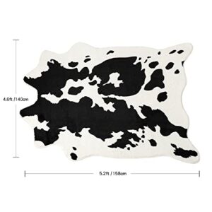 FALARK Fluffy Cow Print Rug Faux Cowhide Rugs for Living Room Bedroom, Cute Animal Print Carpet Western Home Decor Mat, Upgraded Luxury Area Rug Soft Cow Skin Rugs, Black and White, 4.6ft x 5.2ft