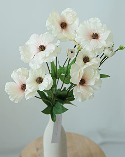 Kamang Ranunculus Flowers White Silk Flower (3 Stems) for Home Decor and Wedding. Artificial Flower for White Spring Decor. Floral Arrangement and Table Centerpiece. White Silk Flowers (White)