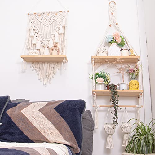 TENEWEE Floating Wall Shelves Boho Macrame Hanging Bedroom Living Room 2tier Shelf