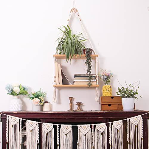 TENEWEE Floating Wall Shelves Boho Macrame Hanging Bedroom Living Room 2tier Shelf