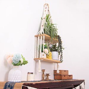 TENEWEE Floating Wall Shelves Boho Macrame Hanging Bedroom Living Room 2tier Shelf