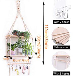 TENEWEE Floating Wall Shelves Boho Macrame Hanging Bedroom Living Room 2tier Shelf