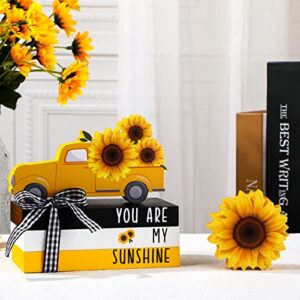 5 Pieces Spring Farmhouse Tiered Tray Decor Items Rustic Wooden Mini Truck Bundle Books Stack Sign for Spring Home Harvest Table Shelf Decorations (Sunflower Style)