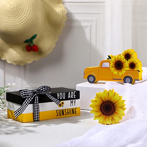 5 Pieces Spring Farmhouse Tiered Tray Decor Items Rustic Wooden Mini Truck Bundle Books Stack Sign for Spring Home Harvest Table Shelf Decorations (Sunflower Style)