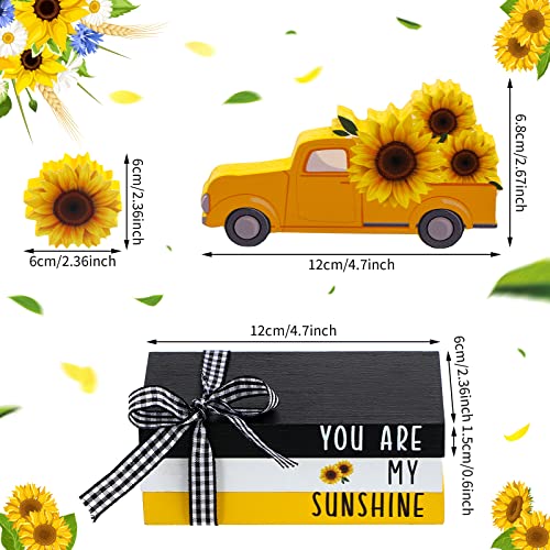 5 Pieces Spring Farmhouse Tiered Tray Decor Items Rustic Wooden Mini Truck Bundle Books Stack Sign for Spring Home Harvest Table Shelf Decorations (Sunflower Style)