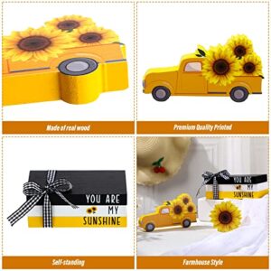 5 Pieces Spring Farmhouse Tiered Tray Decor Items Rustic Wooden Mini Truck Bundle Books Stack Sign for Spring Home Harvest Table Shelf Decorations (Sunflower Style)