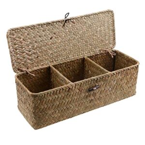 cabilock 3 compartment storage basket with lid hyacinth baskets for storage with lid rectangular seagrass baskets straw storage basket organizer bins wicker baskets for organizing