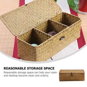 Cabilock 3 Compartment Storage Basket with Lid Hyacinth Baskets for Storage with Lid Rectangular Seagrass Baskets Straw Storage Basket Organizer Bins Wicker Baskets for Organizing