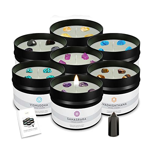 Lucir Store Healing Chakra Crystal Candles Set with a Surprise Chakra Crystal Wand | Set of 7 x Scented Candles with Crystals, Surprise Crystal Wand | E-Book Included