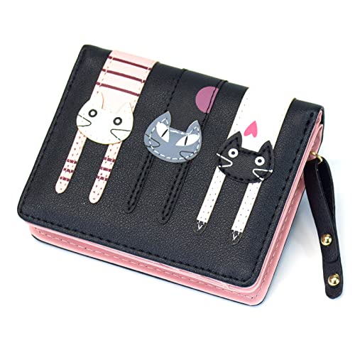 SUMGOGO Small Wallet for Women Cute Cat Pendant Card Holder Organizer Girls Front Pocket Coin Purse Leather (B-Black)