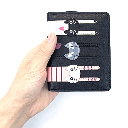 SUMGOGO Small Wallet for Women Cute Cat Pendant Card Holder Organizer Girls Front Pocket Coin Purse Leather (B-Black)