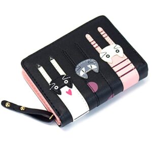 SUMGOGO Small Wallet for Women Cute Cat Pendant Card Holder Organizer Girls Front Pocket Coin Purse Leather (B-Black)