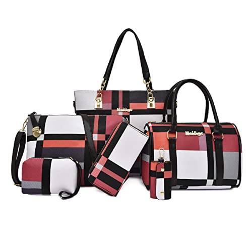 XingChen 6-PC Women PU Handbag+Shoulder Bag+Crossbody Bag+Purse+Clutch+Key Bag Top Handle Fashion Satchel Tote(Red)