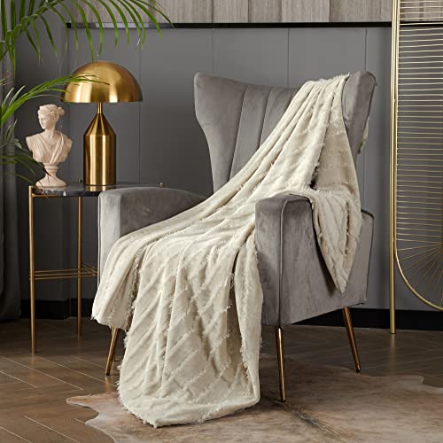 Chic Home Clapton Throw Blanket Clip Jacquard Flannel Micromink Backing Design, 50” x 60”, Taupe