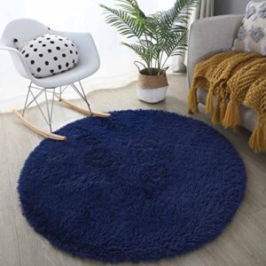 4x4 Navy Blue Fluffy Round Rug for Living Room Luxurious Circle Carpet for Bedroom Shaggy Plush Soft Grey Round Rug Home Decoration Carpets (4x4, Navy Blue)