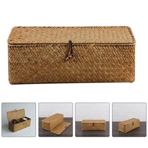 Cabilock Laundry Basket 3- Grid Water Hyacinth Storage Bins: Seagrass Wicker Baskets with Lid Dedsktop Sundries Container Stationary Box Rattan Woven Cosmetics Baskets Wicker Storage Basket