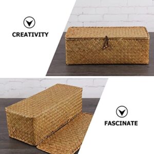 Cabilock Laundry Basket 3- Grid Water Hyacinth Storage Bins: Seagrass Wicker Baskets with Lid Dedsktop Sundries Container Stationary Box Rattan Woven Cosmetics Baskets Wicker Storage Basket