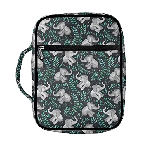 doginthehole Cute Elephant Bible Cover for Women Bible Case with Durable Handle Green Palm Leaves Print Bible Bag Book Carrying Case Gift for Kids Boys Girls