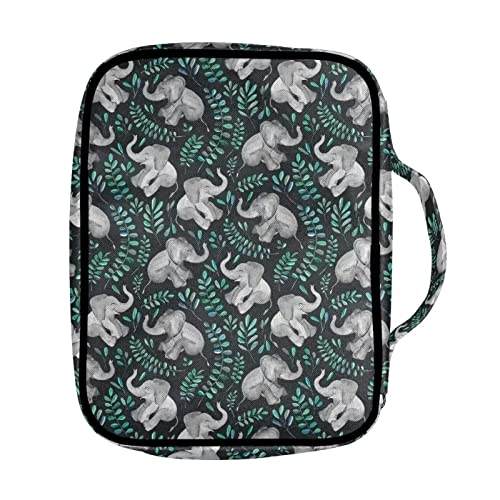 doginthehole Cute Elephant Bible Cover for Women Bible Case with Durable Handle Green Palm Leaves Print Bible Bag Book Carrying Case Gift for Kids Boys Girls