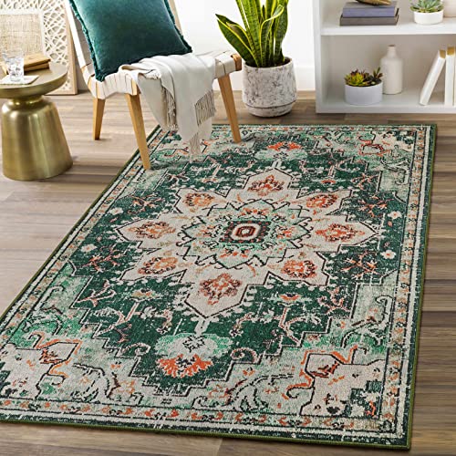 Morebes Ultra-Thin Washable Green Rug 3x5, Large Boho Entryway Office Rug Non-Slip Kitchen Mat Persian Laundry Accent Rug Distressed Oriental Christmas Carpet for Living Room Mushroom