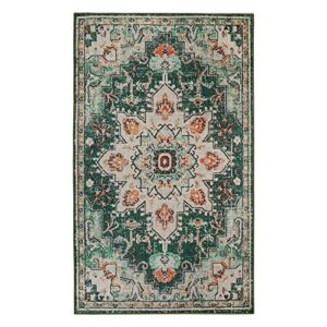 Morebes Ultra-Thin Washable Green Rug 3x5, Large Boho Entryway Office Rug Non-Slip Kitchen Mat Persian Laundry Accent Rug Distressed Oriental Christmas Carpet for Living Room Mushroom