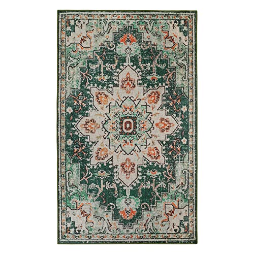 Morebes Ultra-Thin Washable Green Rug 3x5, Large Boho Entryway Office Rug Non-Slip Kitchen Mat Persian Laundry Accent Rug Distressed Oriental Christmas Carpet for Living Room Mushroom