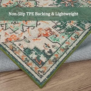 Morebes Ultra-Thin Washable Green Rug 3x5, Large Boho Entryway Office Rug Non-Slip Kitchen Mat Persian Laundry Accent Rug Distressed Oriental Christmas Carpet for Living Room Mushroom