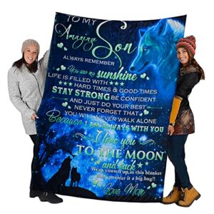 tiosggd Son Gift Blanket from Mom, Fleece Flannel Plush Super Soft Throw Blanket, Always Remember You are My Sunshine Howling Wolf Under The Moon, Bed Couch Throw Quilt 60''x50''